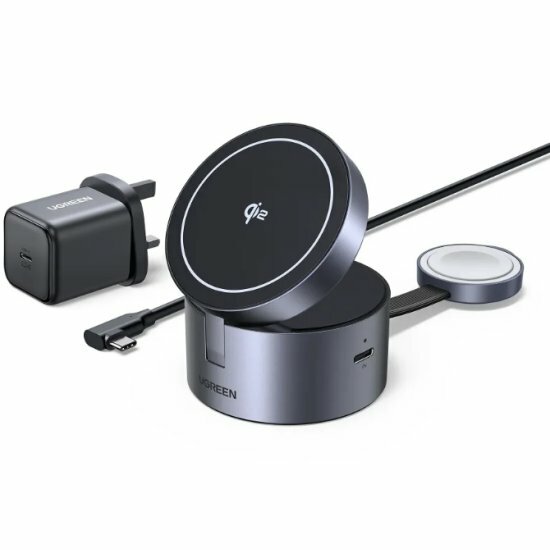 Беспроводное зарядное устройство Ugreen W712 15Вт, 3-in-1, Qi2, темно-серый (65148)