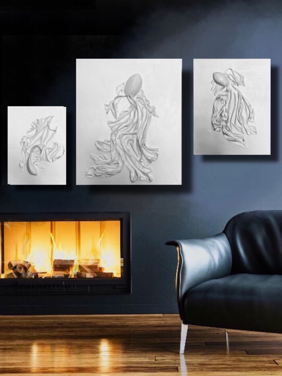 Большая современная интерьерная объемная картина барельеф “Белые рыбы” - модульная картина ручной работы на холсте