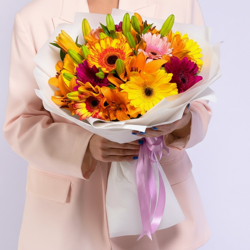 Дуо-букет Мегацвет24 "Герберы и Лилии", разноцветный, дизайнерская упаковка