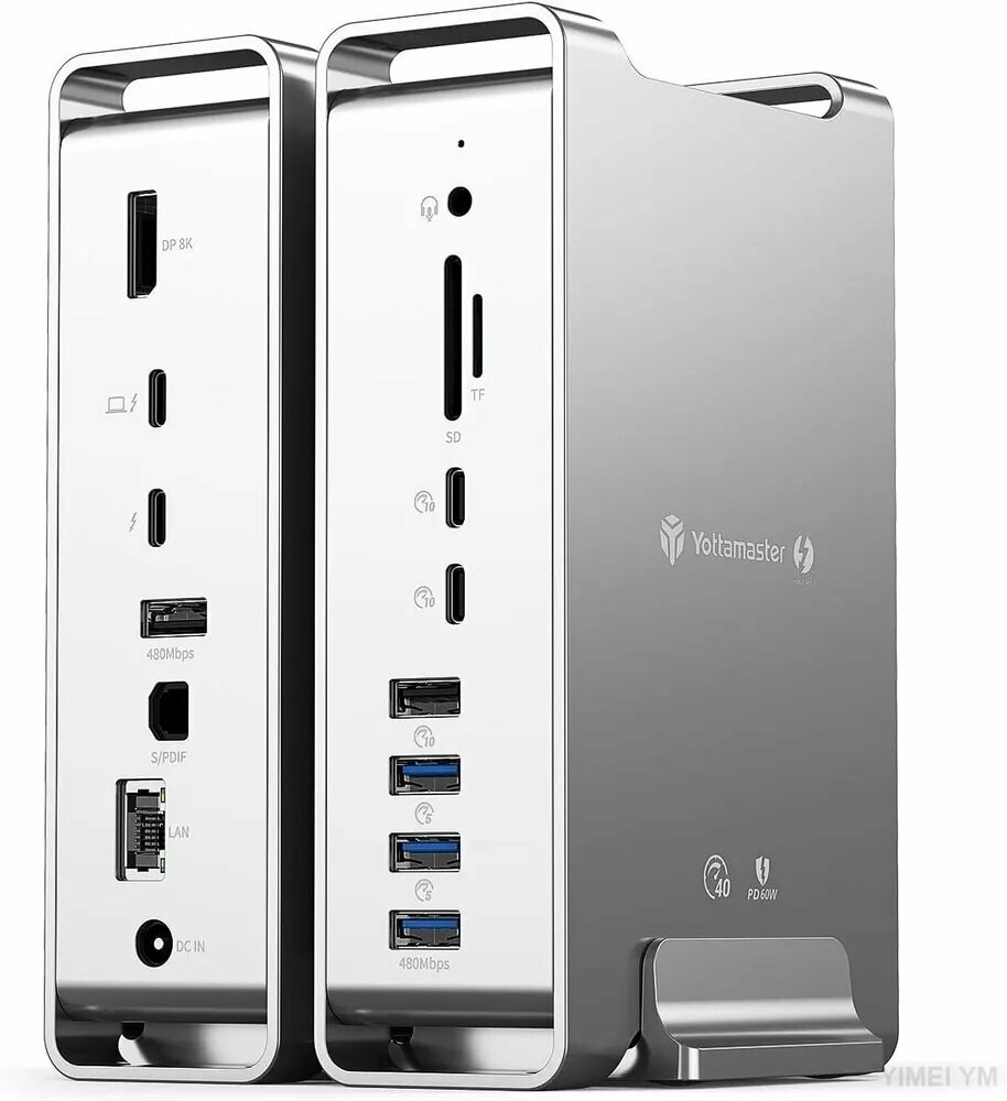 Usb разветвитель15 в 1 Yottamaster Thunderbolt 3 док-станция, max 40 Гбит/с, для двух дисплеев 4K, DP1.4 8K30Hz 65 Вт PD-зарядки S/PDIF 6 USB RJ45 SD/TF