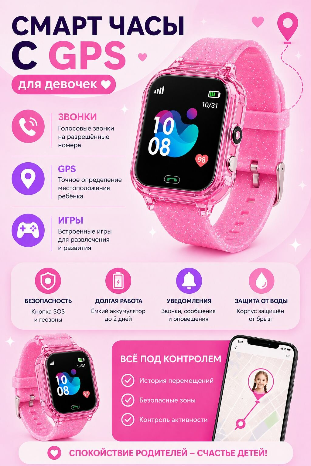 Смарт часы детские W100 Розовые