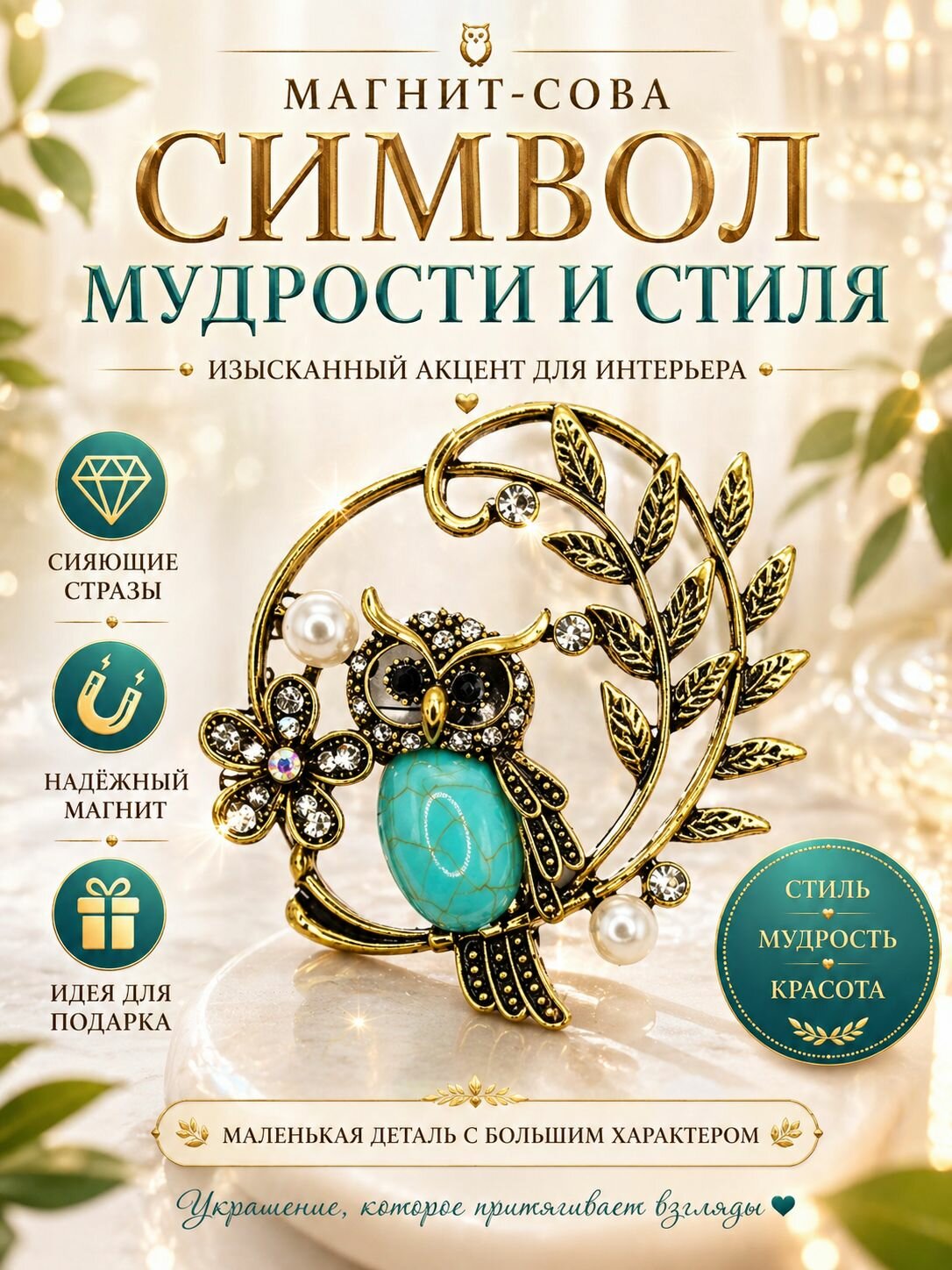 Сова магнит со стразами на холодильник