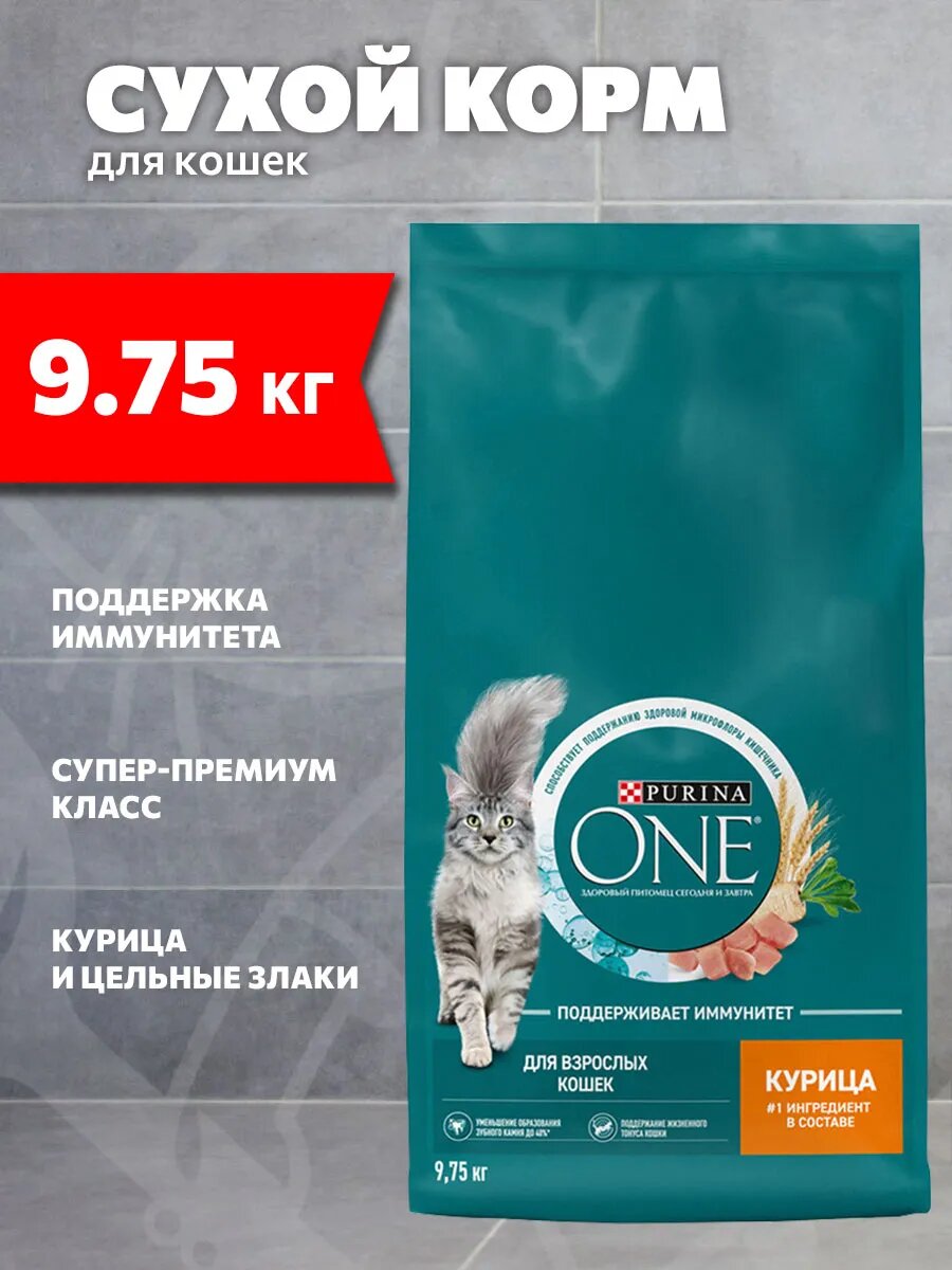 Корм сухой Purina One Adult для взрослых кошек, курица и злаки, 9,75 кг