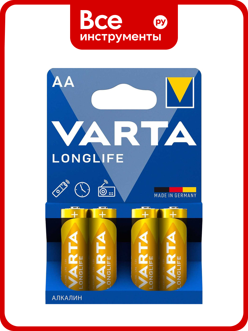 Батарейки Varta LONGLIFE AA BL4 4008496525157 04106101414 щелочной алкалиновый элемент пальчиковый AA типоразмер
