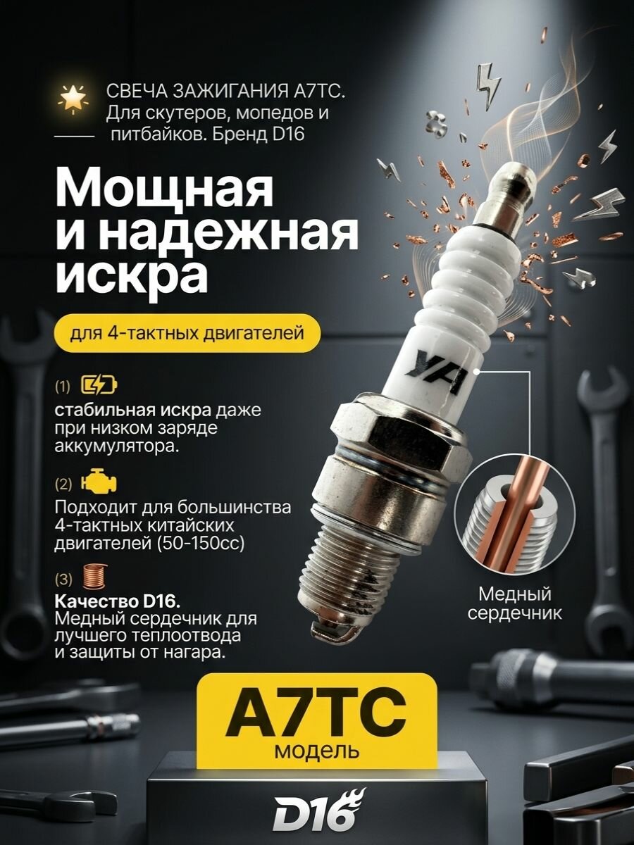 1 штука. Свеча зажигания A7TC. Для скутера, мопеда, питбайка. Для четырехтактных бензиновых двигателей.