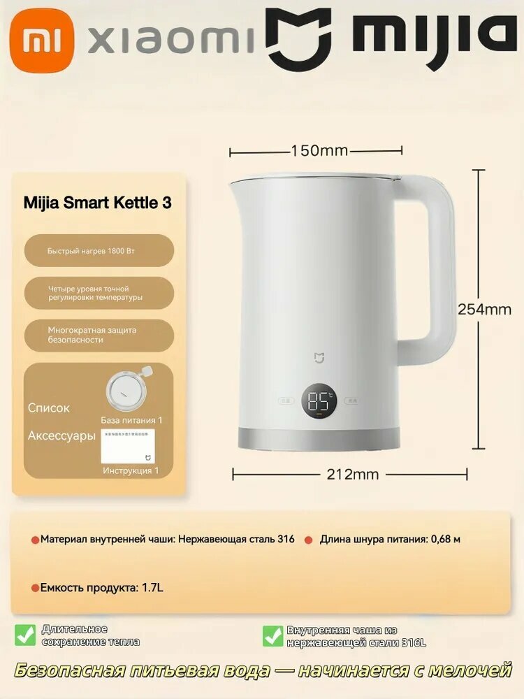 Xiaomi Электрический чайник Xiaomi Mijia Smart Kettle 3 MJHWSH04YM(CN）1.7L 1800W, прозрачный