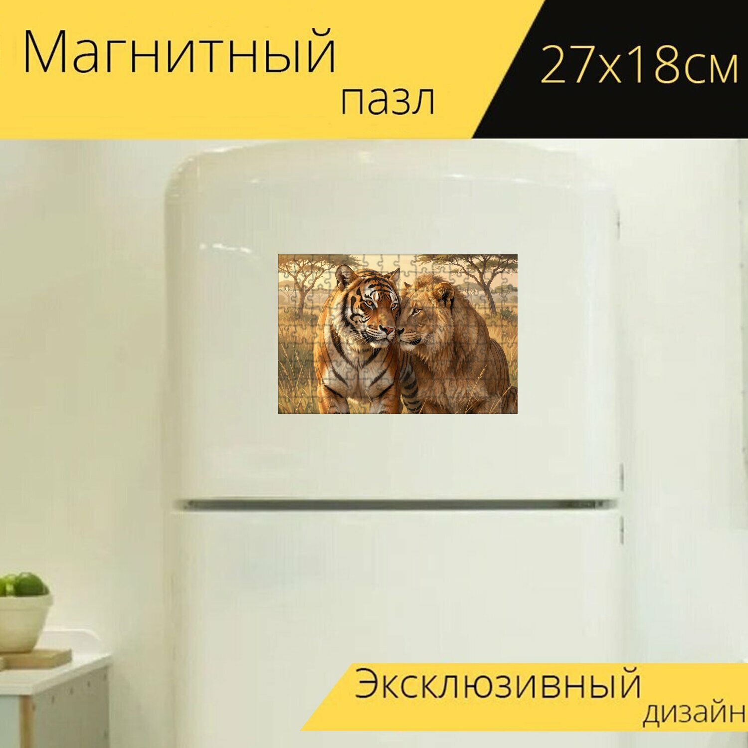 Магнитный пазл "Лев и тигр в саванне. Художественная сцена с крупными хищниками в золотистой африканской траве, теплый закатный свет, реалистичная." на холодильник 27 x 18 см.