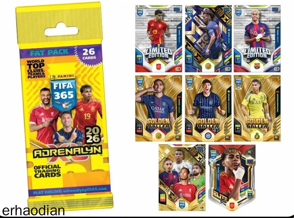 Футбольные карточки Panini FIFA 365 Adrenalyn XL 2026 Fat Pack / 26 коллекционных карточек с футболистами любителям панини