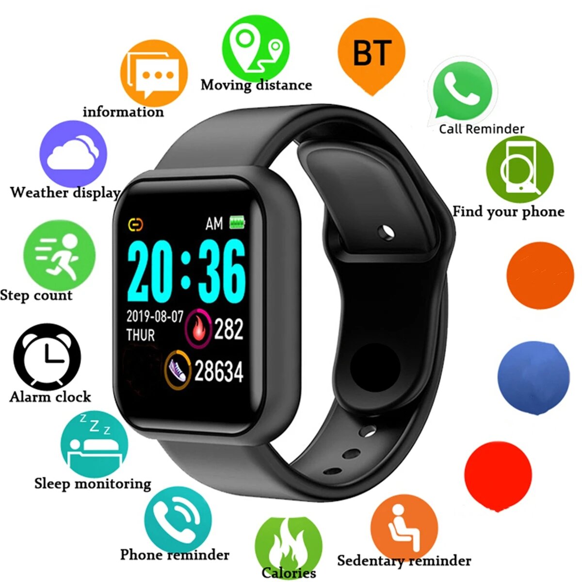 Умные часы Y68 Black, черные, Full Touch