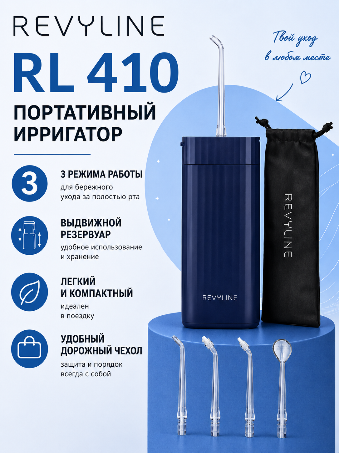 Портативный мини-ирригатор с дорожной сумкой Revyline RL 410, цвет синий