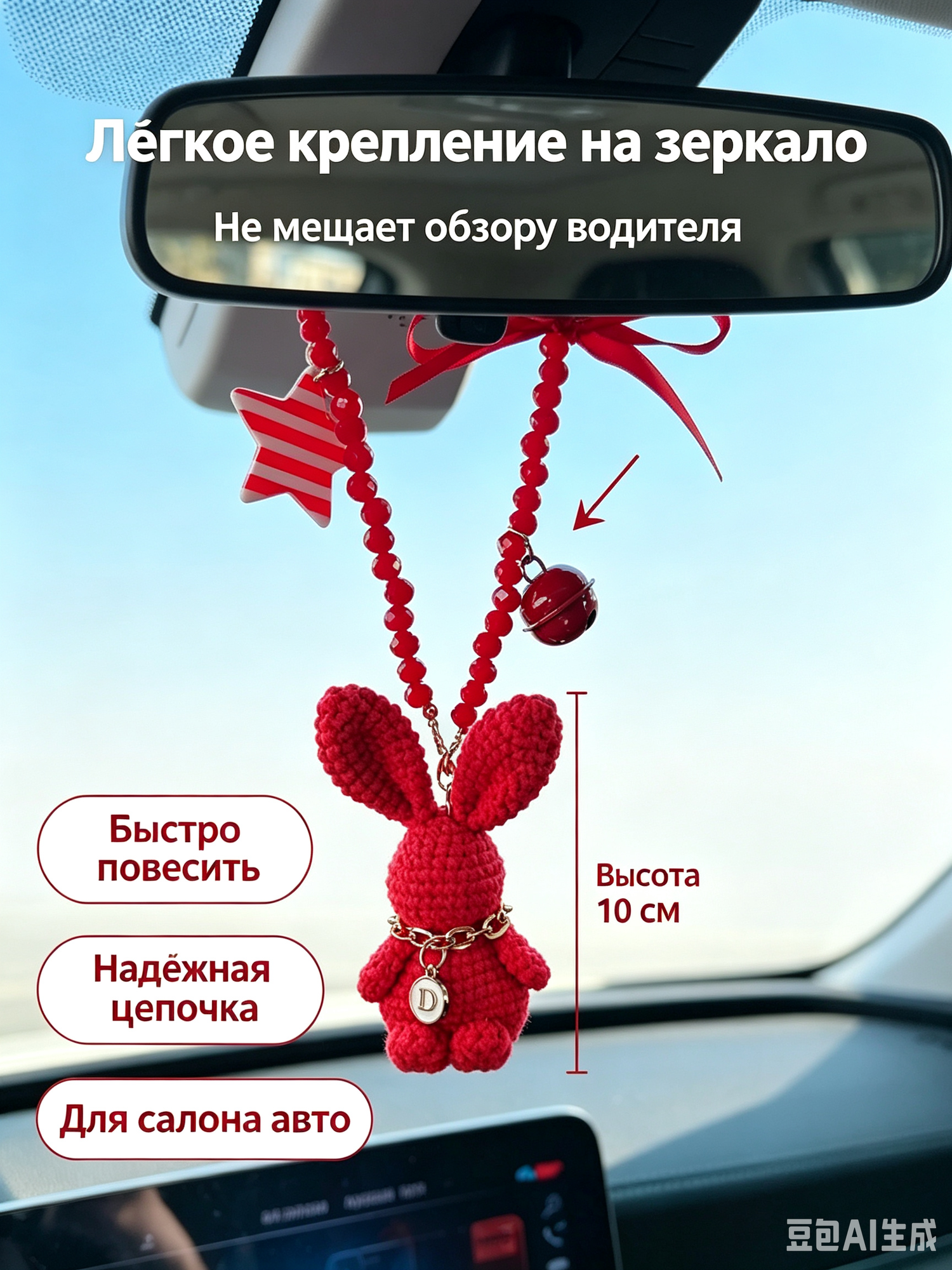Подвеска на зеркало авто вязаный кролик красный ручной работы, высота 10 см, декор салона, подарок автолюбителю