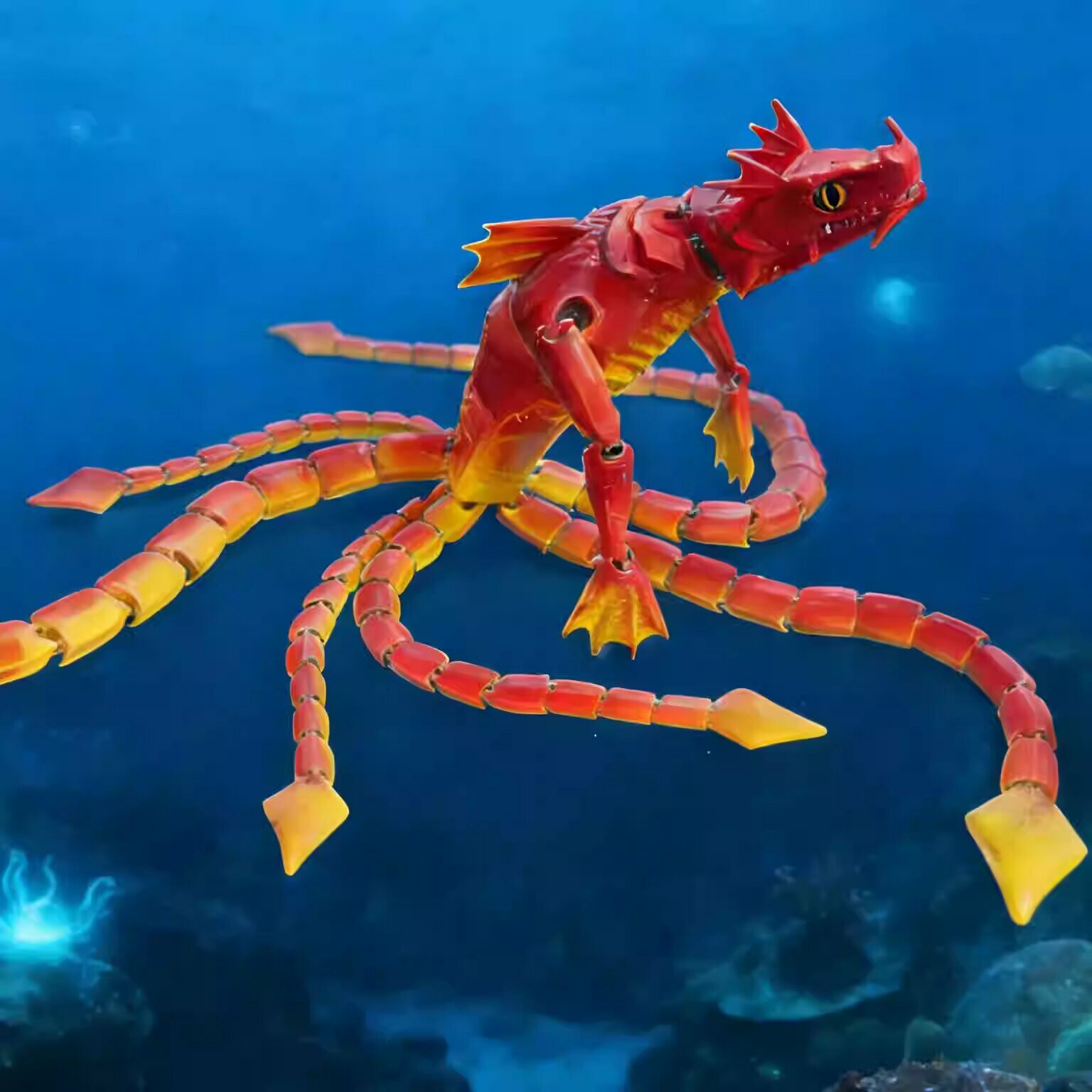 3D-печать артикулированная модель морского дракона левиафана с глазами, красно-золотой цвет, подвижные сочленения для