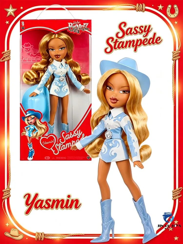 Кукла, Bratz Sassy Stampede Yasmin Fashion Doll / Серия кукол Братц в стиле вестерн, короткий голубой ковбойский комплект с принтом звезд и пламени для персонажа Ясмин