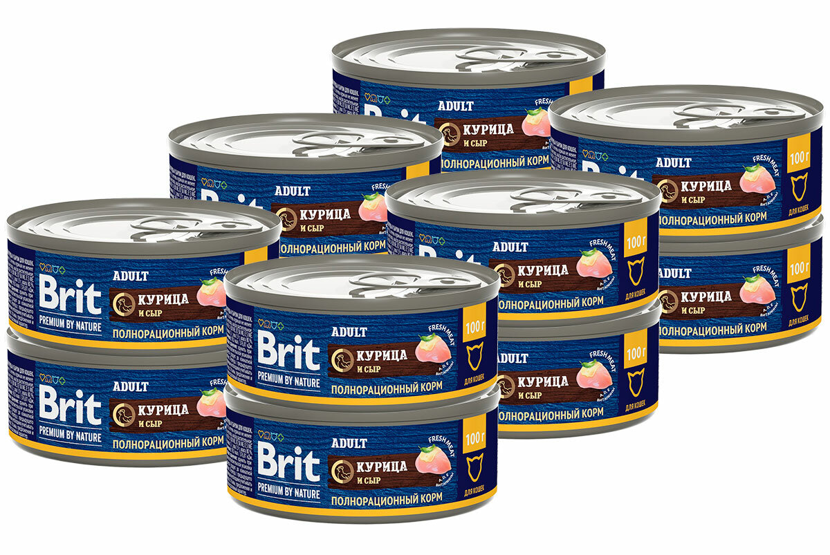 BRIT PREMIUM BY NATURE CAT для взрослых кошек с курицей и сыром (100 гр х 12 шт)