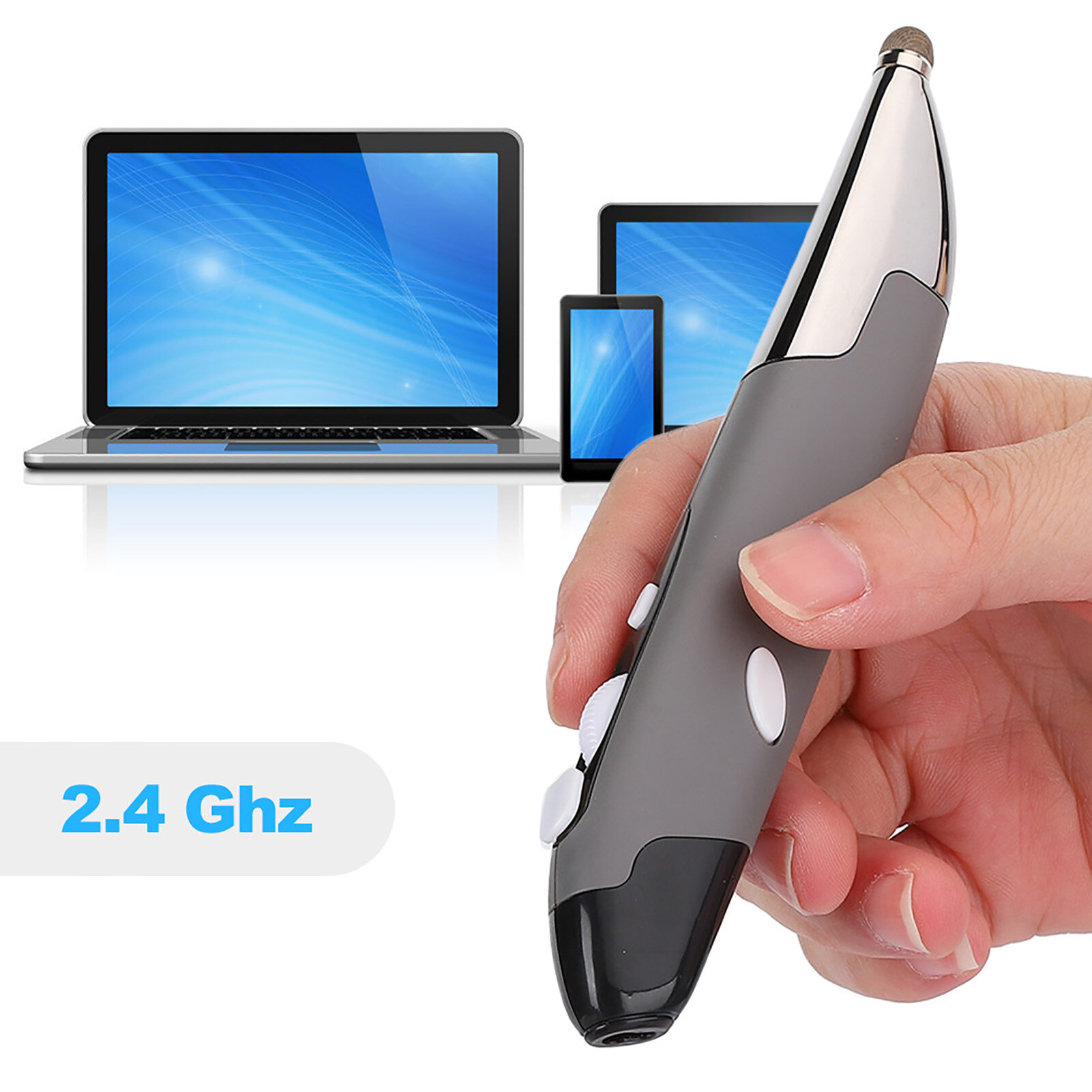 USB Computer Stylus PC Accessory Wireless 2.4G Mouse Pen Type Silver Grey PR-06 800/1200/1600dpi 4 button 10 meters ABS plastic Optical Tracking System 1 AAA battery Windows Android Linux OS X laptops tablets smartphones