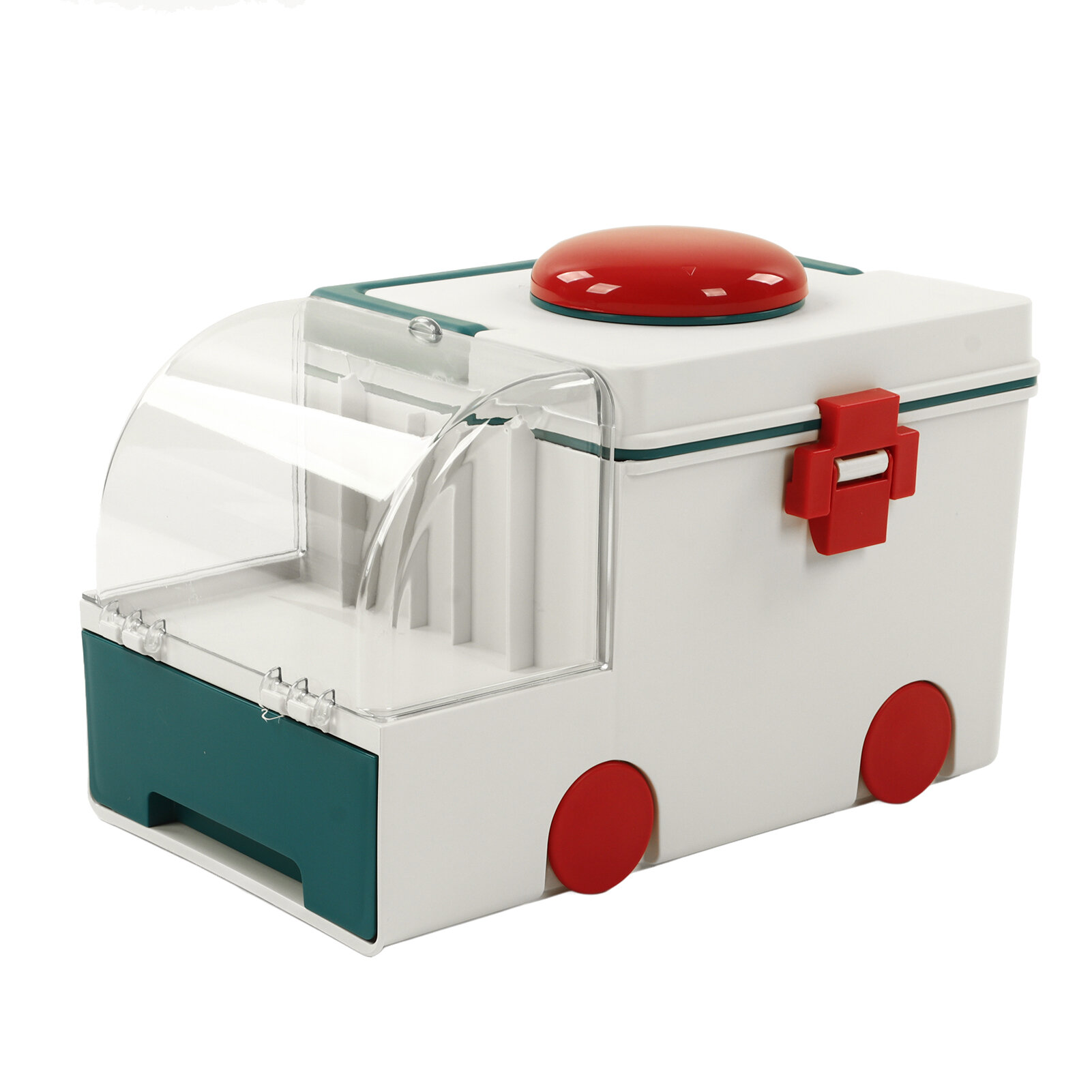 Аптечка в форме симпатичной машины скорой помощи, двухслойная, большая вместимость, с ручкой, зеленая.