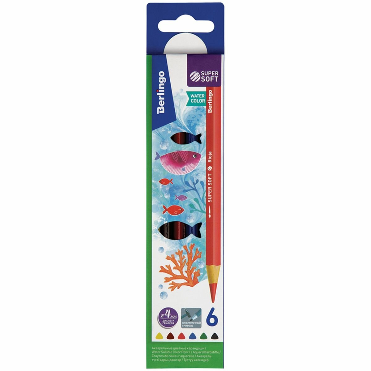 Карандаши акварельные 6 цветов Berlingo "SuperSoft. Рыбки" (L=180мм, D=7мм, 3гр) картон (SSA1706)