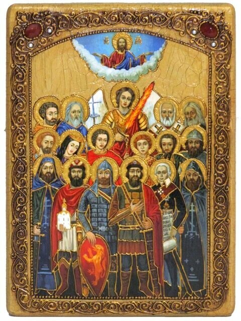 Аналойная икона "Собор Святых покровителей воинства российского" на мореном дубе 999-RTI-554m