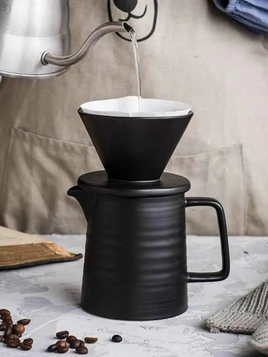 Сервировочный набор, кофейник и pour over, керамика, черный, 500мл