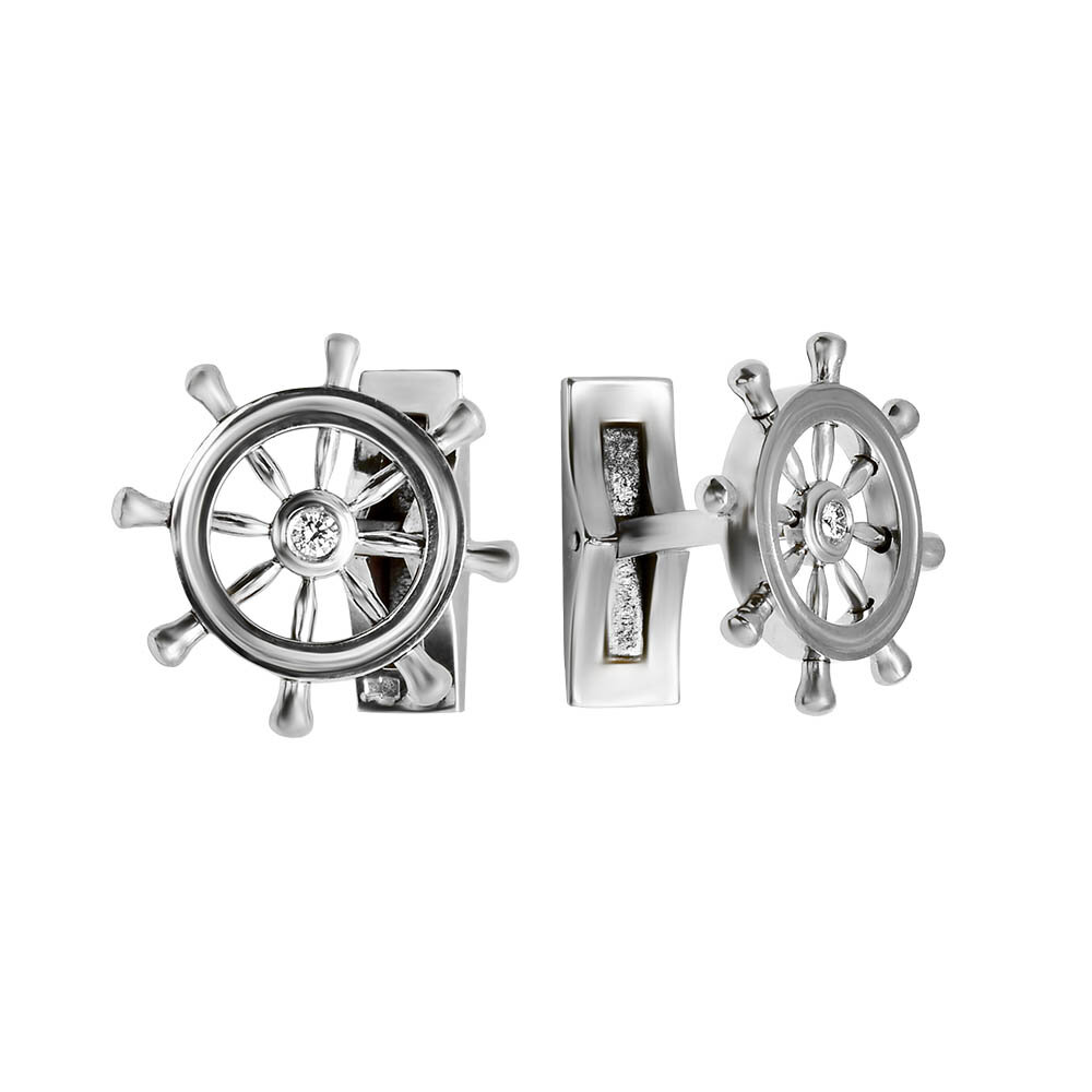 Запонки "Штурвал" мужские и белого из золота 585 , с бриллиантами, подарок мужчине