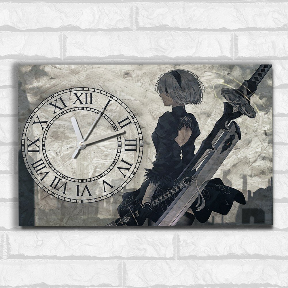 Настенные бесшумные часы ОСБ со смещенным циферблатом игры nier automata (2B, туби, девушка) - 2229