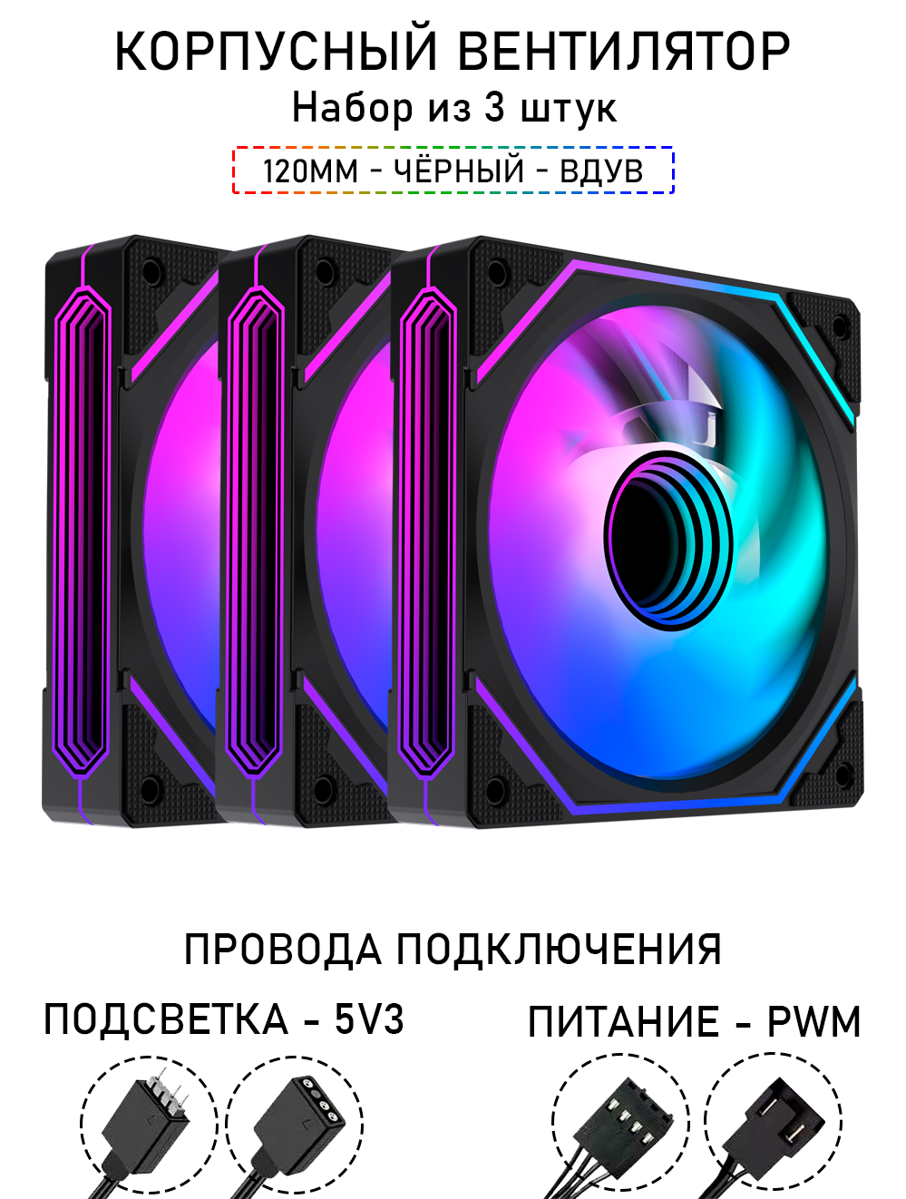 Вентилятор для корпуса LovingCool - 6PRO, набор из 3штук 120мм, чёрный, вдув, A-RGB, PWM + 5v3