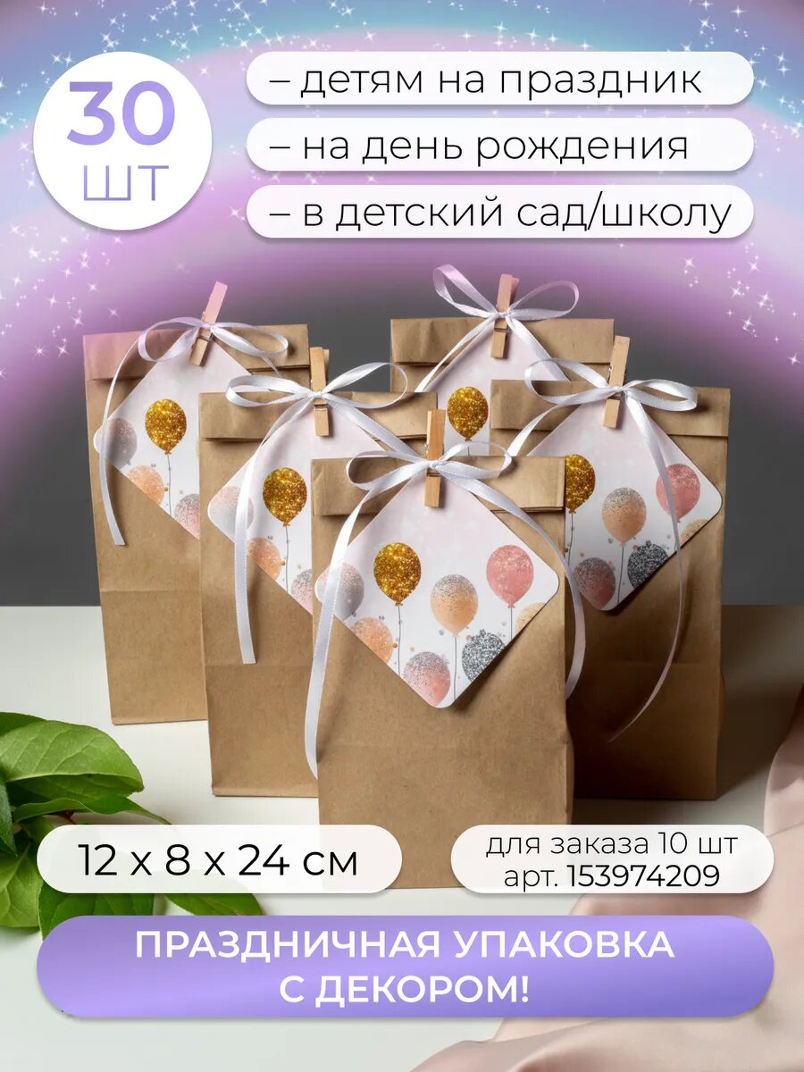 Набор бумажных подарочных пакетов с прищепками и бирками 30 шт