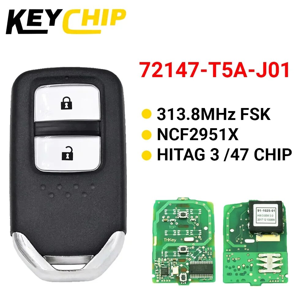 KeyChip 72147-T5A-J01 для Honda Fit City Jazz Shuttle Vezel 313,8 МГц ID47 без ключа умный автомобильный дистанционный ключ черная задняя панель
