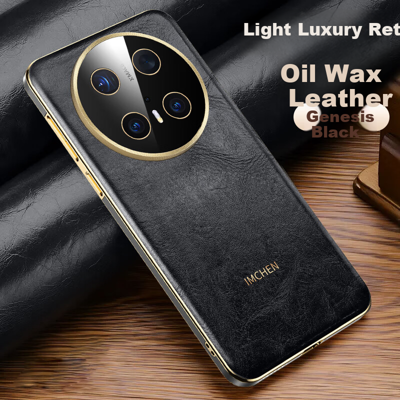 IM-CHEN Retro Oil Wax Genuine Leather Phone Case for Huawei Mate 70, Mate 70 Protective Cover, Top Layer Cowhide Luxury Business Custom Ultra-Thin Full Wrap - Black