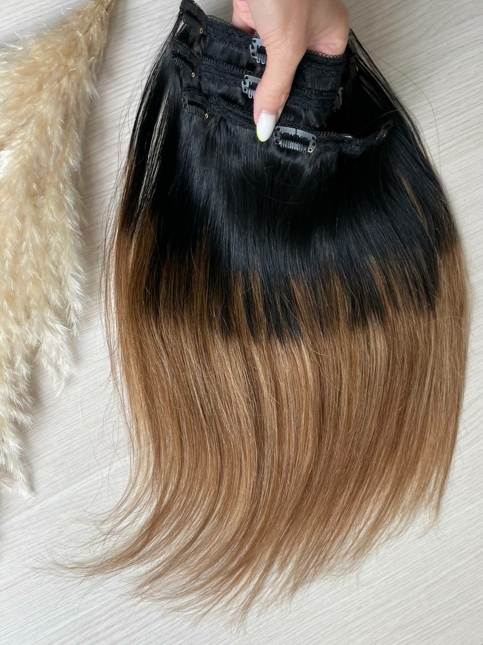 PREMIUM Натуральные волосы для наращивания на заколках 40см 60г - набор из 3 прядей ##1b-6-27