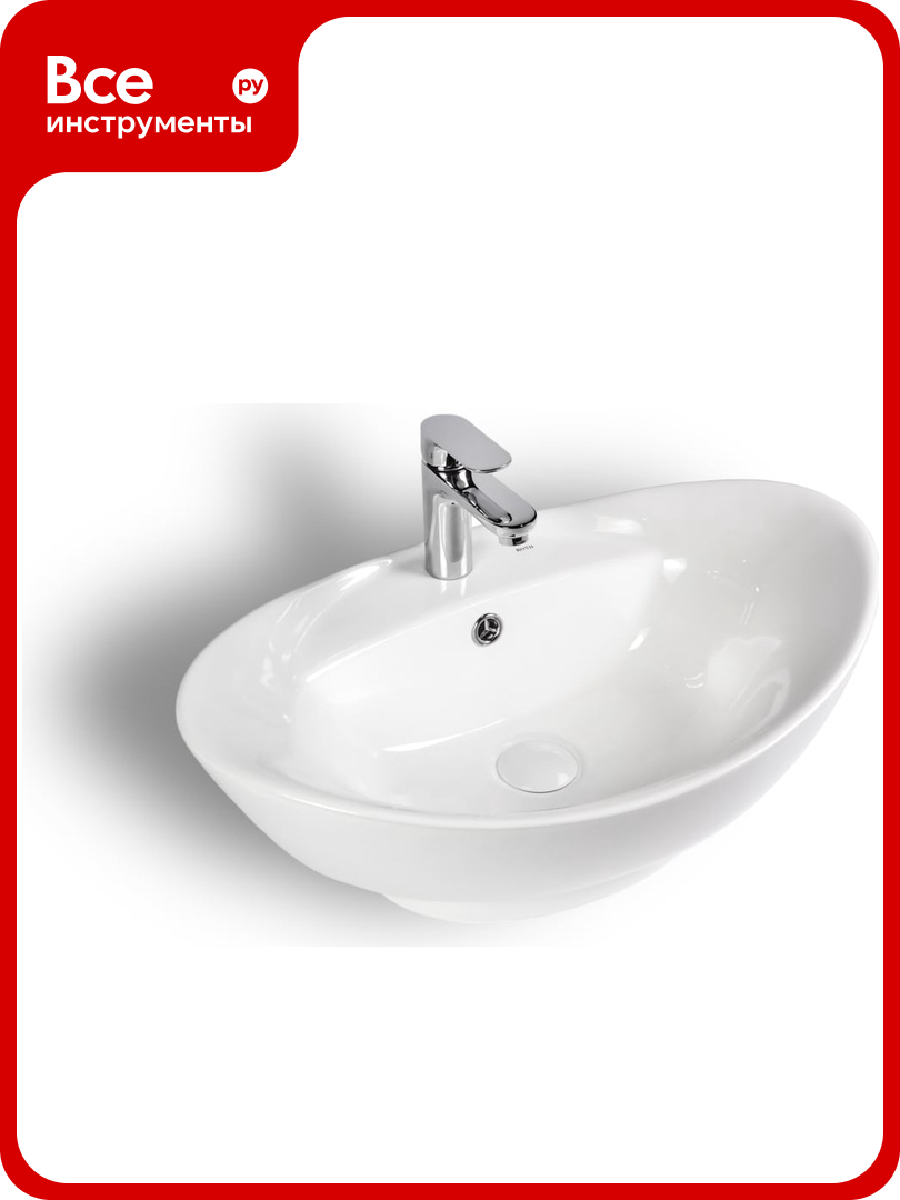 Раковина накладная овальная BOND 59х39х20,5см керамическая белая с переливом и отверстием