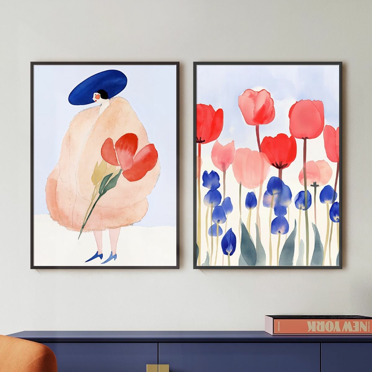 Набор постеров "Девушка и красные тюльпаны" 2 шт 40x50 для интерьера на стену