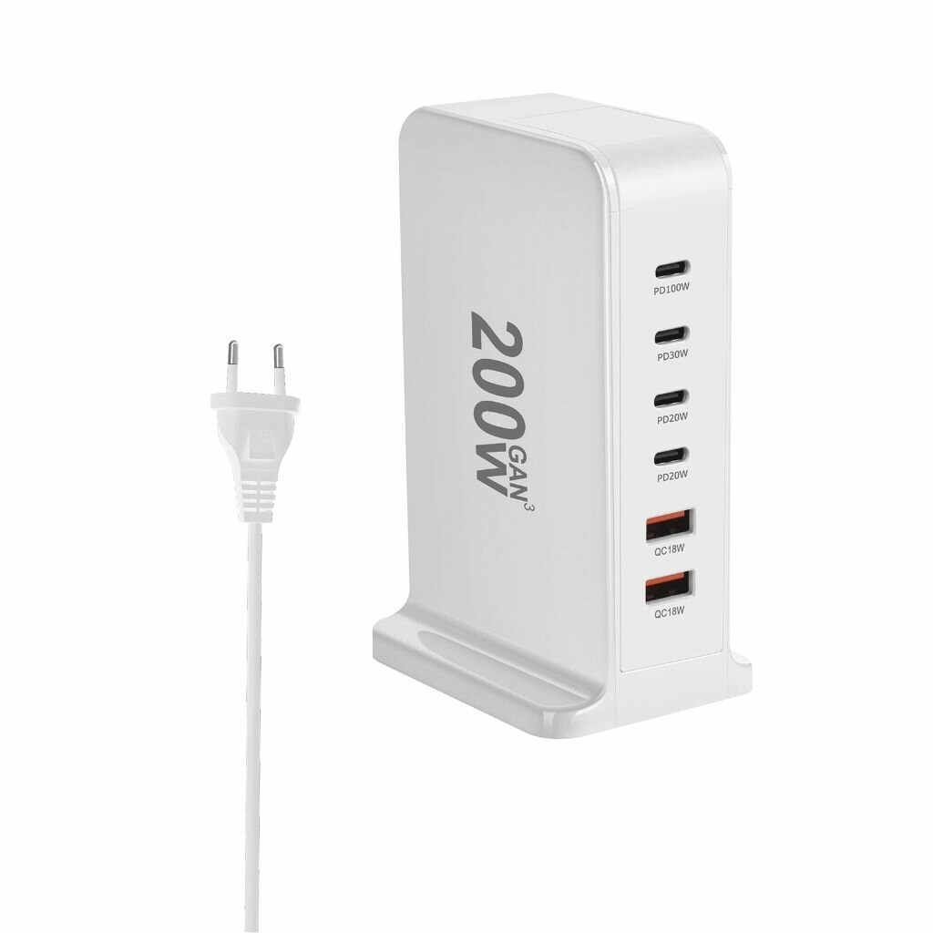 6-портовое зарядное устройство мощностью 200 Вт 2USB + 4 типа C-Европейский стандарт-белый