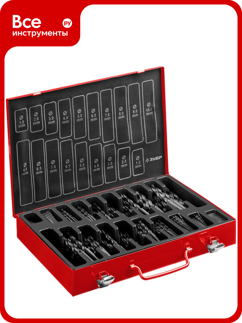 Набор сверл по металлу ЗУБР Мастер быстрорежущая сталь Р4М2, класс В, мет. бокс, 370 шт, 1-10 мм 29605-H370, 118 г