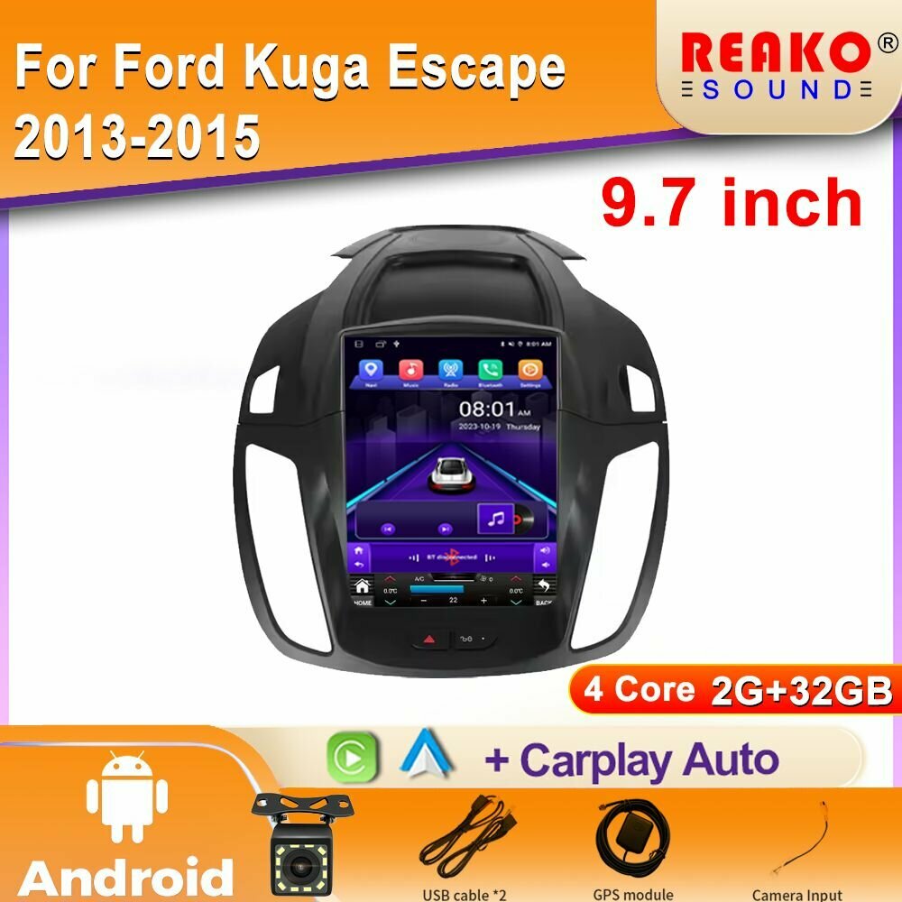 Магнитола для Ford Kuga Escape 2013-2015 , с камерой заднего вида. IPS экран 9.7 дюймов, Wifi 2din с сенсорным экраном, usb и блютузом.