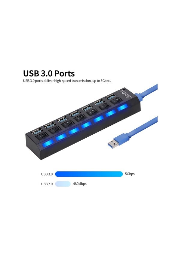 Концентратор USB 3.0 на 7 портов, независимое управление коммутатором, скорость передачи данных 5 Гбит/с, черный, совместимость с Windows/Mac