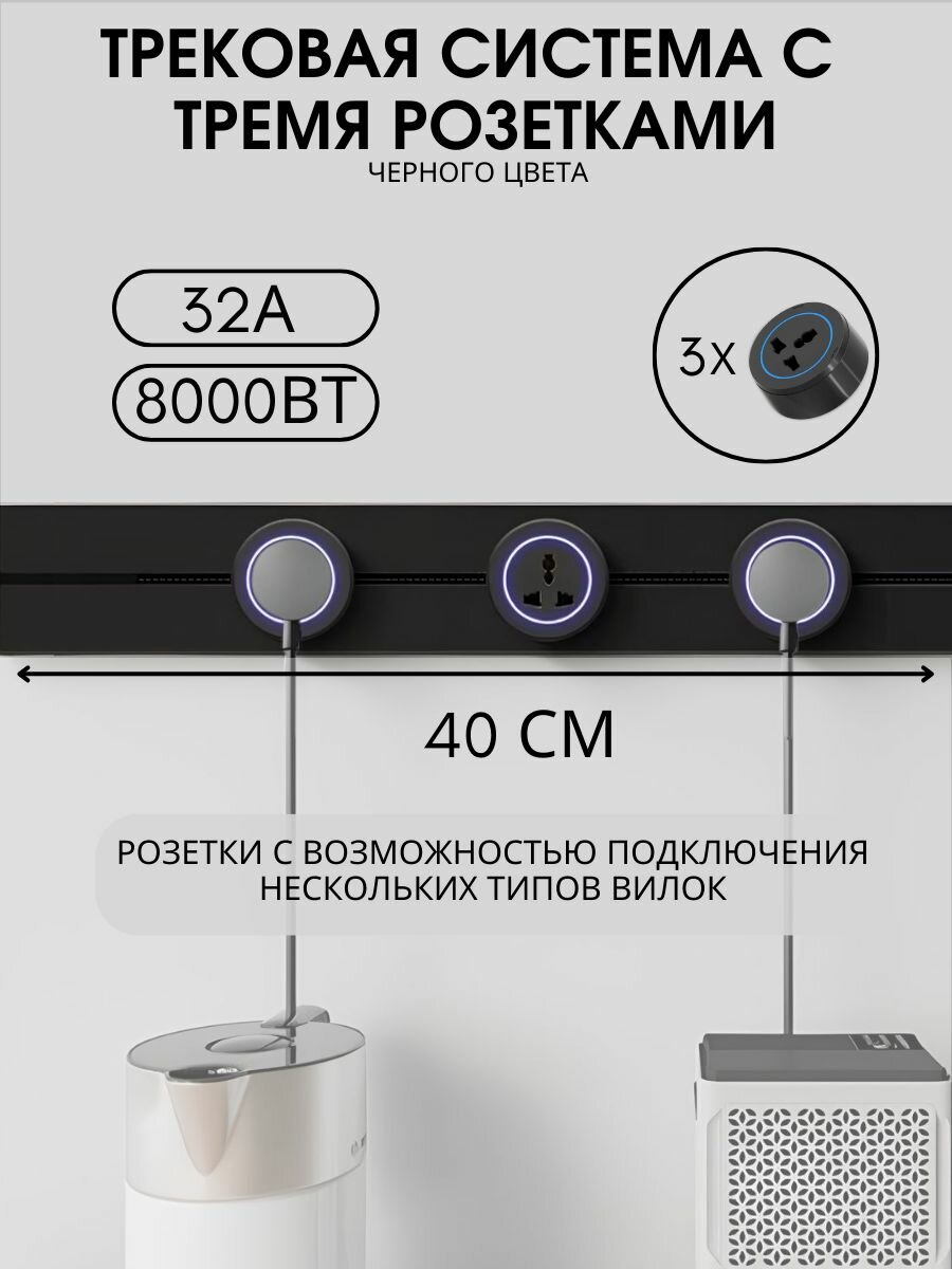 Трековая система черного цвета с универсальными розетками, металлическая шина 40 см + 3 штуки трек-розетка-переходник (. Н)