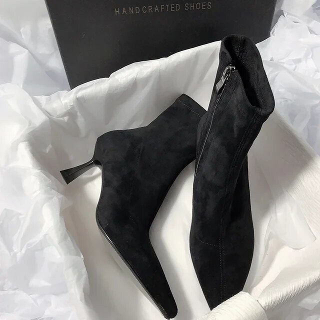 MOOCIE Женские короткие сапоги с острым носком, модные, с боковыми молниями, тонкие, ботильоны на тонком каблуке, осенне-зимняя женская обувь