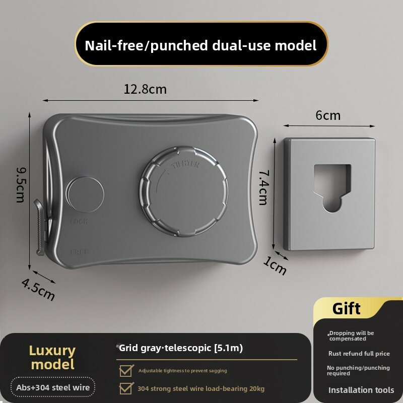 Indoor foldless retractable clothes rope with plastic and steel for laundry room and balcony, grey