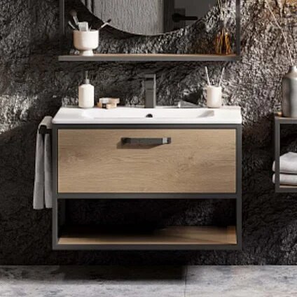 Тумба под раковину без столешницы AQUATON Лофт Фабрик 65 подвесная, черная, светлое дерево, матовая, из ЛДСП, тумба для ванной, с ящиками, с доводчиками, лофт