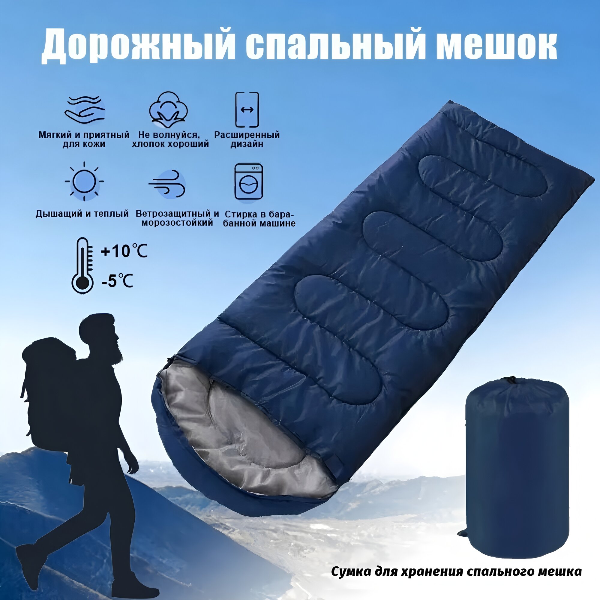 Спальник, ширина в плечах 75см, длина 180см, вес 700г, темно-синий