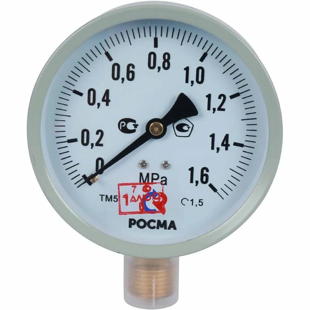 Манометр ТМ-510Р 16кгс/см2 (1,6 MPa, 16 атм, 16 бар) М2 с поверкой резьба М20х1,5 корпус 100 мм класс точности 1,5 корпус-сталь росма