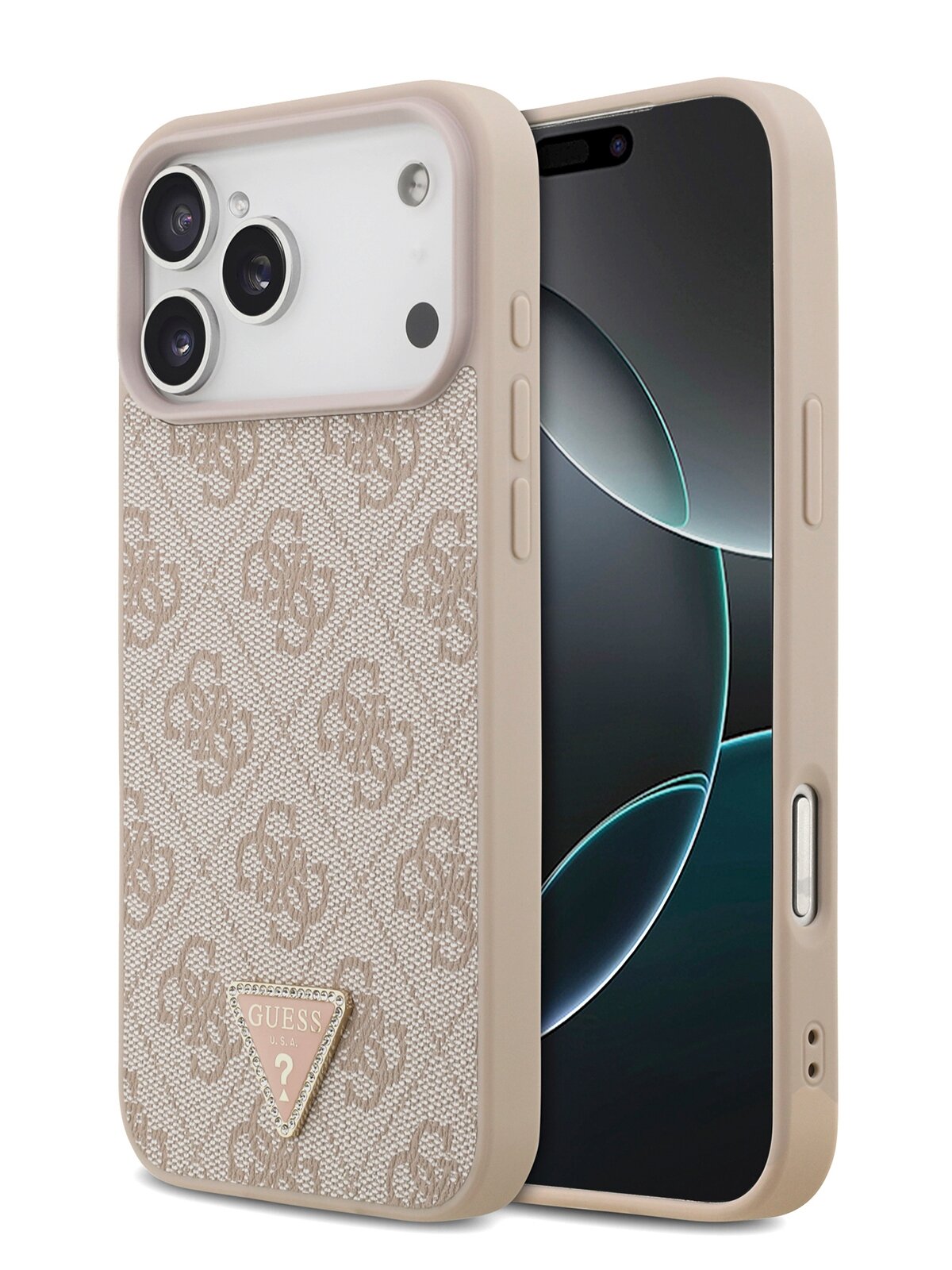 Guess чехол с MagSafe для iPhone 17 Pro Max, PU кожа 4G Triangle Diamond metal logo, розовый