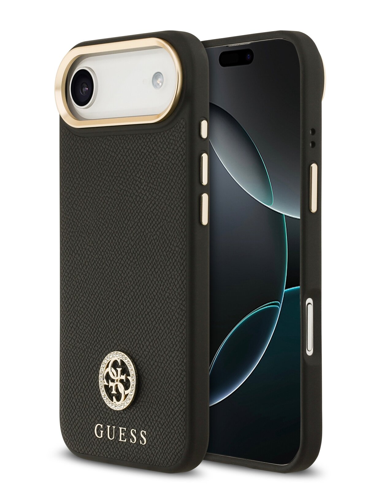 Guess чехол с MagSafe для iPhone Air, зернистая кожа PU 4G Diamond metal logo Gold camera, черный