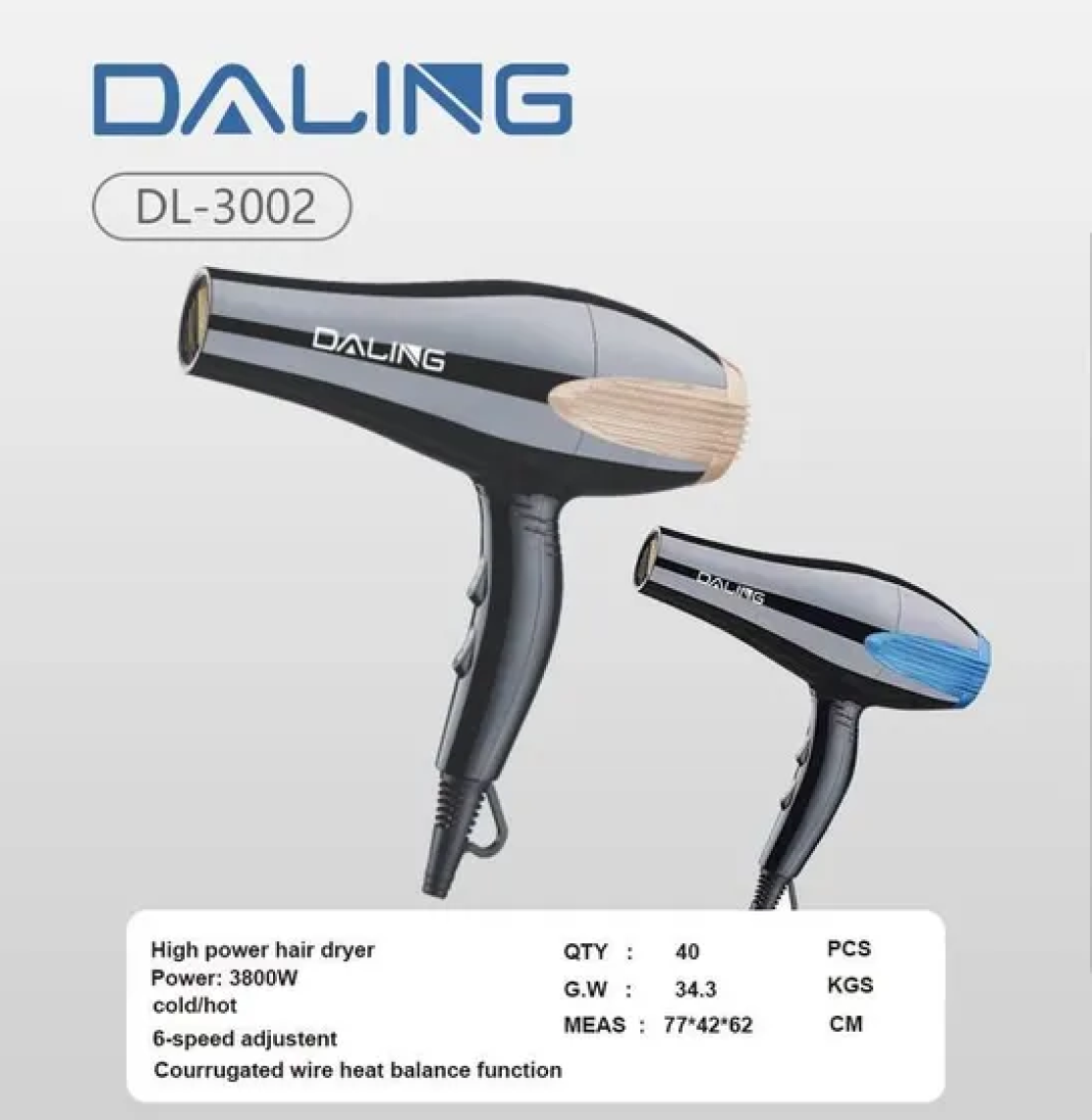 Фен для волос DALING DL-3002, мощность 2200Вт, 3 режима, 2 скорости, сушка и укладка