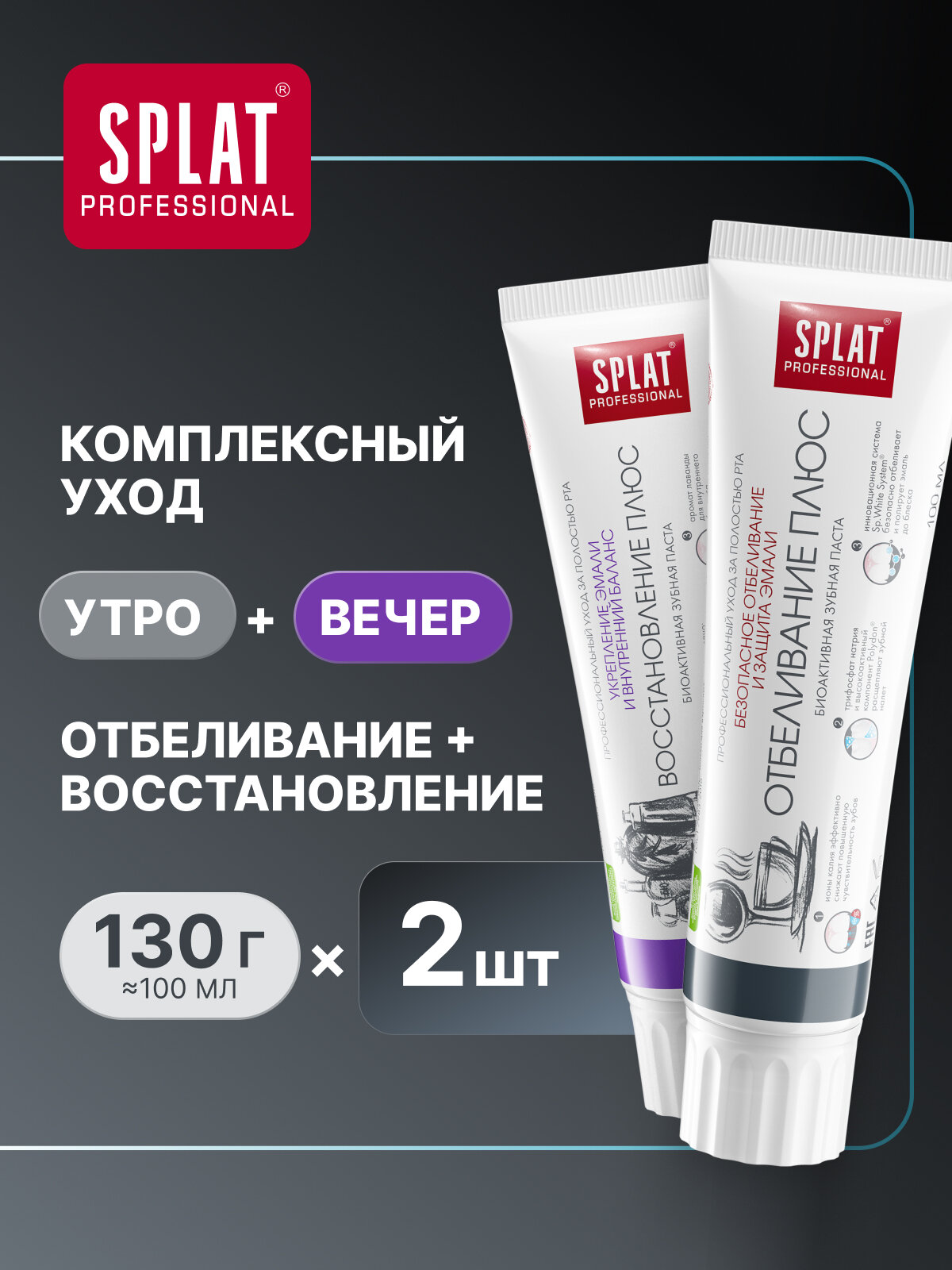 Зубная паста SPLAT Professional «Восстановление Плюс» + «Отбеливание Плюс» набор для укрепления эмали и десен, 2х100 мл