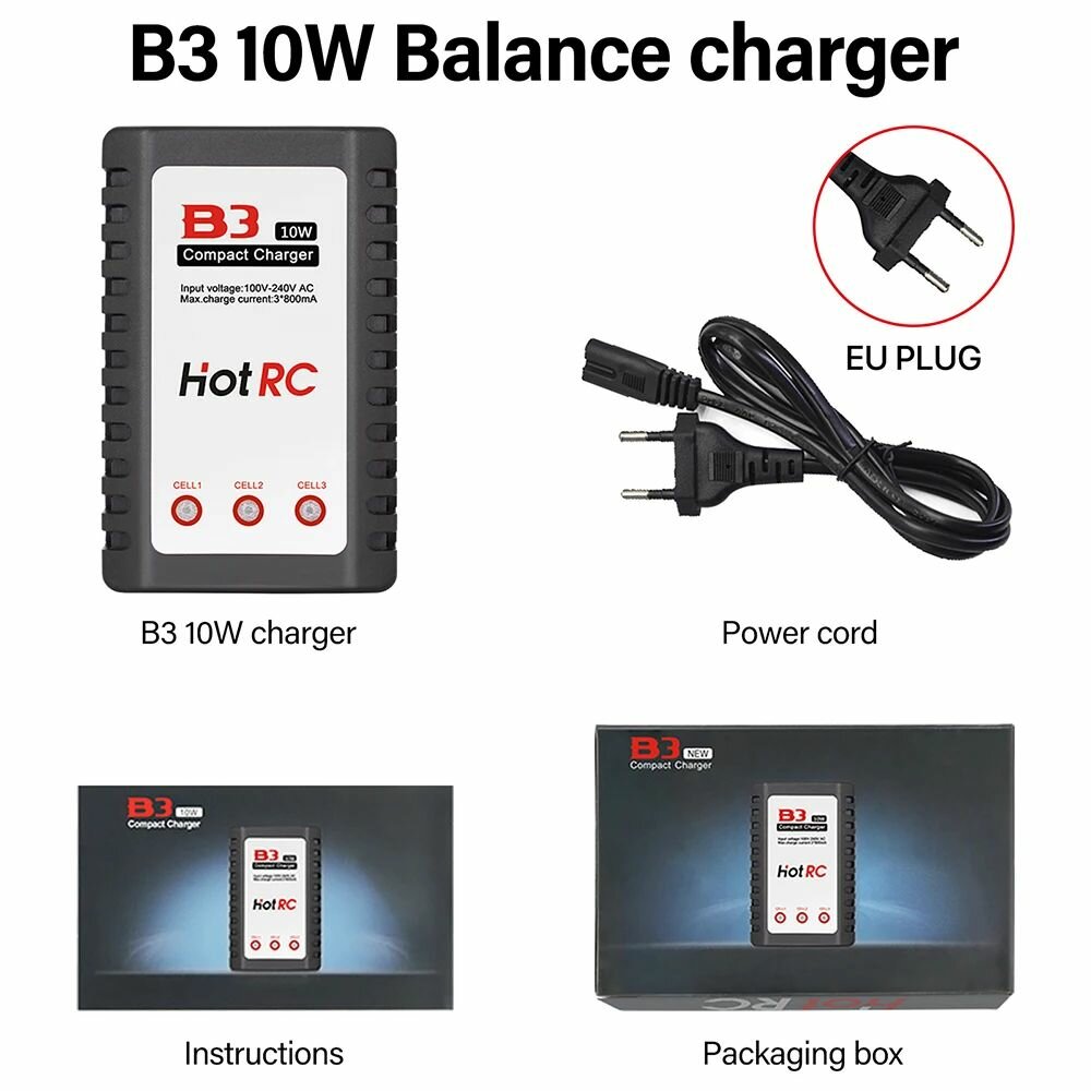 HotRC A400/B3 10 Вт Балансное зарядное устройство 2S/3S/4S 100-240 В переменного тока, вилка европейского стандарта, автомобильное зарядное устройство Lipo RC