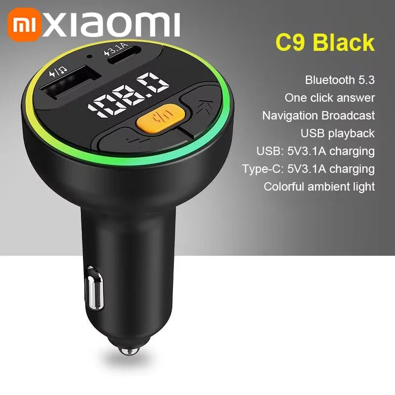 FM-передатчик Xiaomi Bluetooth 5,3 Автомобильный AUX-радио модулятор громкой связи MP3-плеер с адаптером быстрой зарядки Автоаксессуары, C9-Black