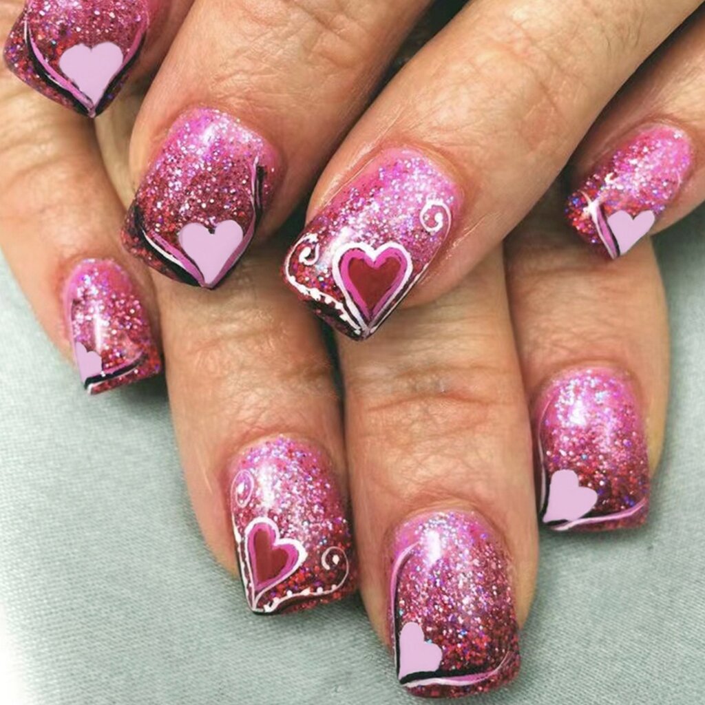 Набор Акриловых Накладных Ногтей Pink Love Heart на День Святого Валентина с Глянцевым Покрытием для ногтей