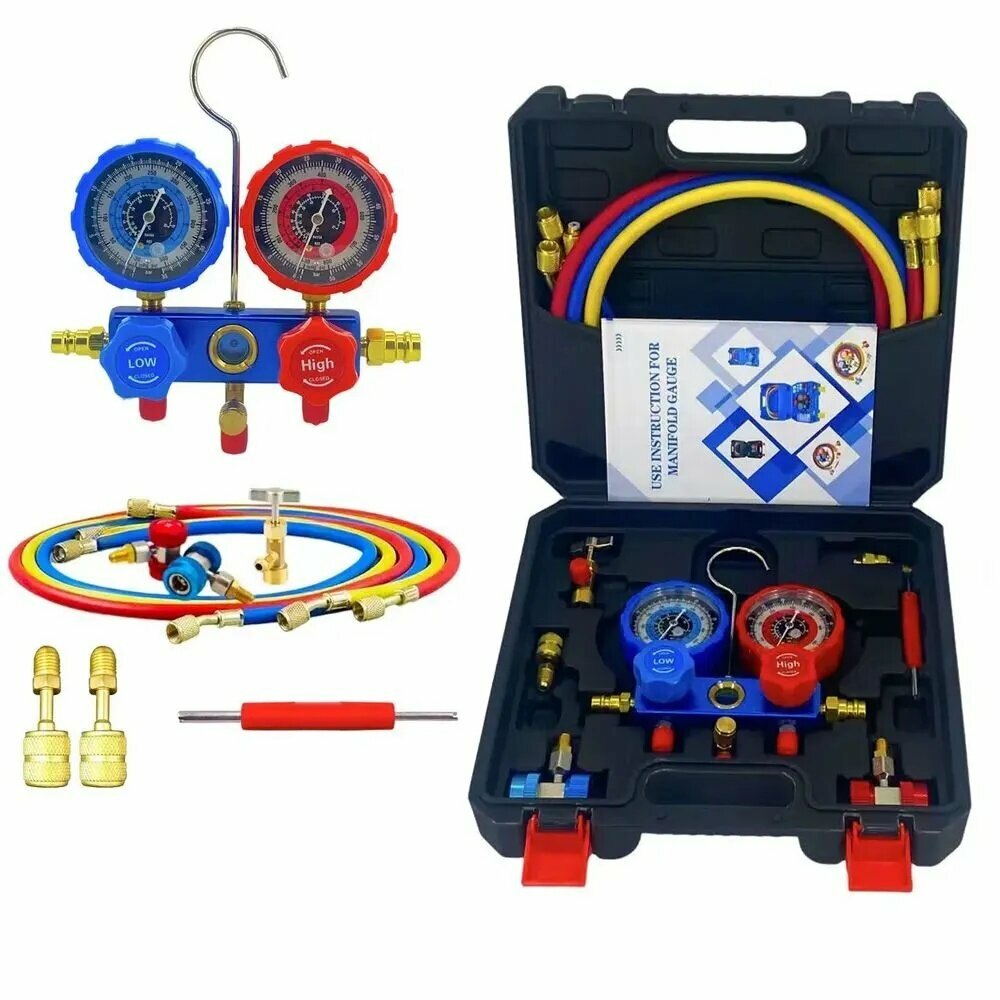 Аппарат для заправки фреона Коллектор манометрический двухвентильный с переходниками в кейсе + 3 шланга 150 см для R134a, R22, R410, R404, фреона32